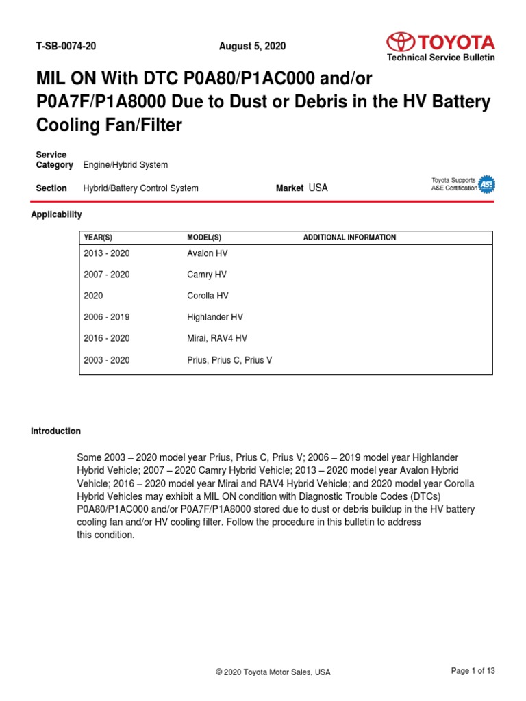 MIL ON With DTC P0A80/P1AC000 And/or P0A7F/P1A8000 Due To Dust or ...