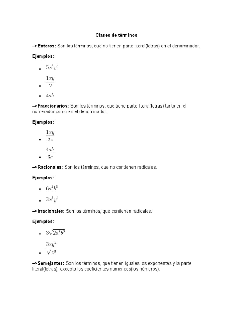 Clases y tipos de términos algebraicos | PDF | Artes del Lenguaje y ...