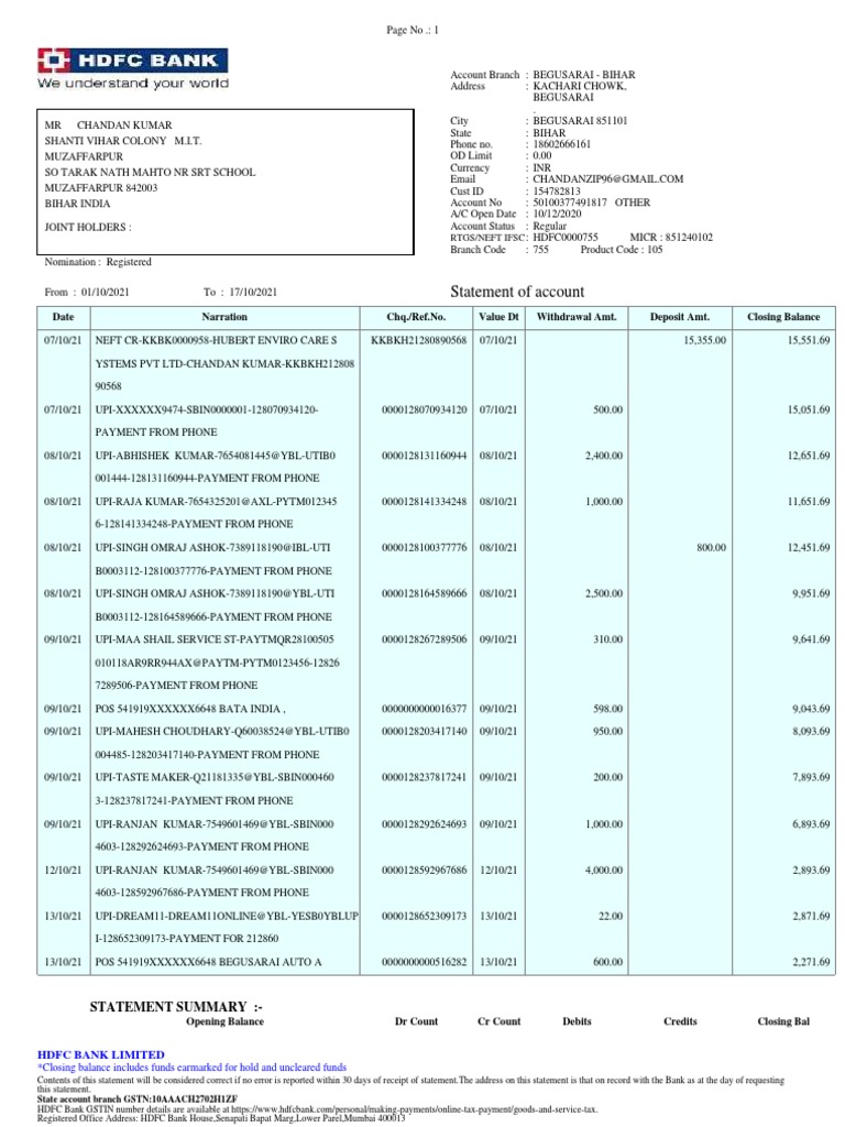 Bank Statement Summary: Oct 2021 | PDF | Business | Payments