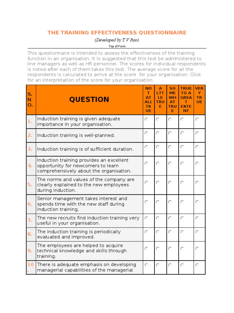 The Training Effectiveness Questionnaire: (Developed by T V Rao) | PDF ...