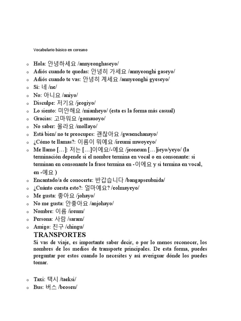 Vocabulario Basico en Coreano | PDF