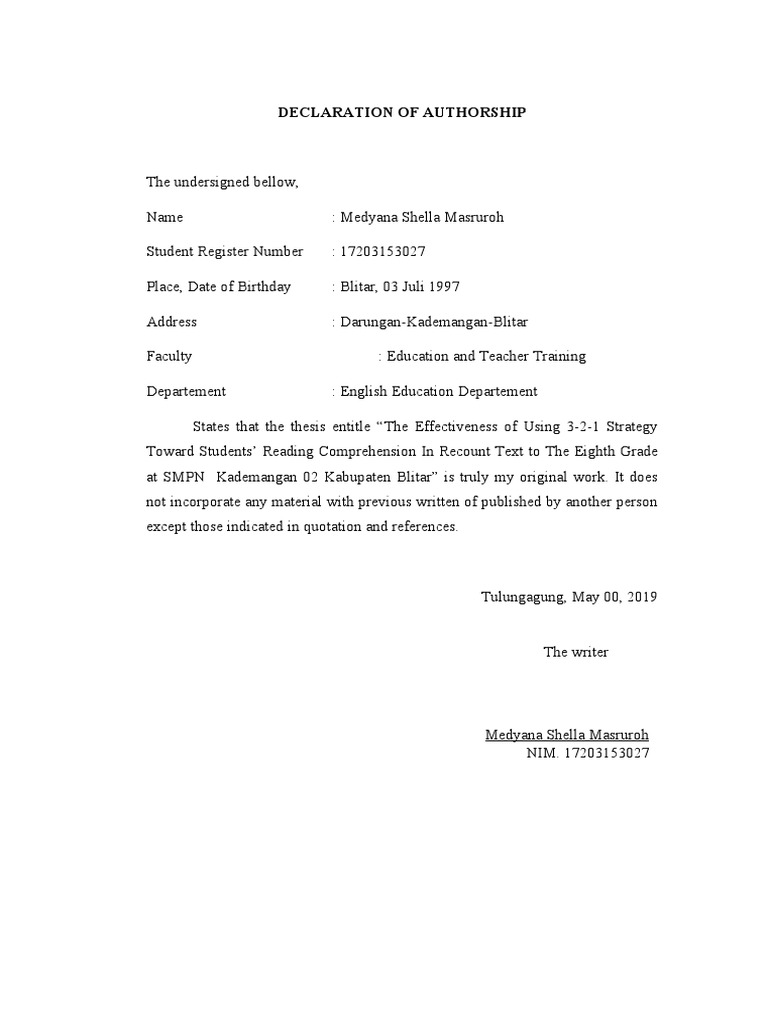 Declaration of Authorship for Thesis | PDF