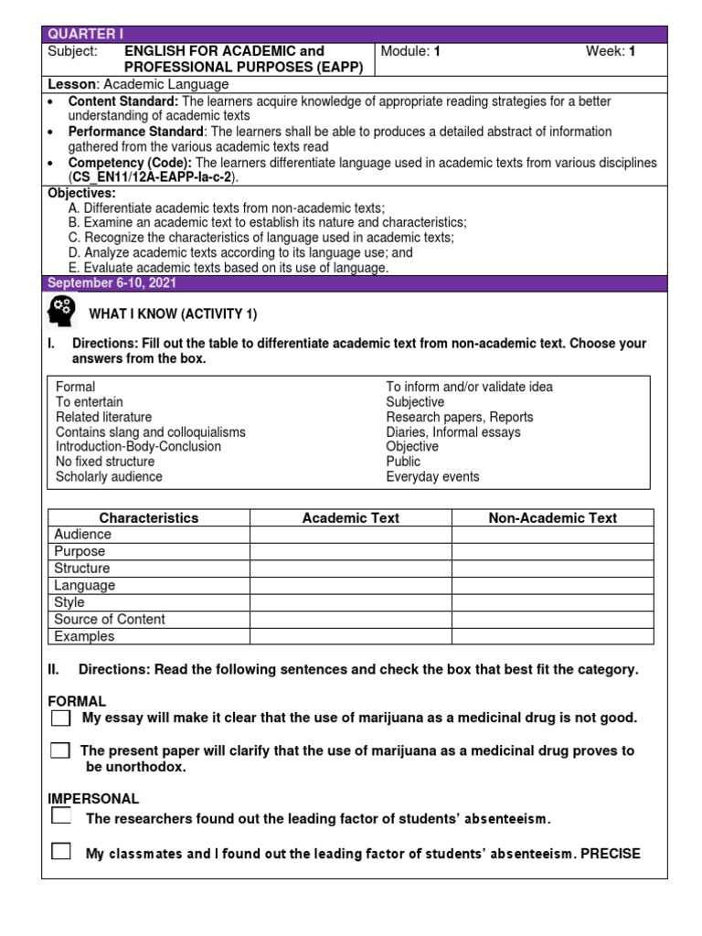 EAPP Grade 12 Module 1: Academic Language | PDF | Essays | Advertising