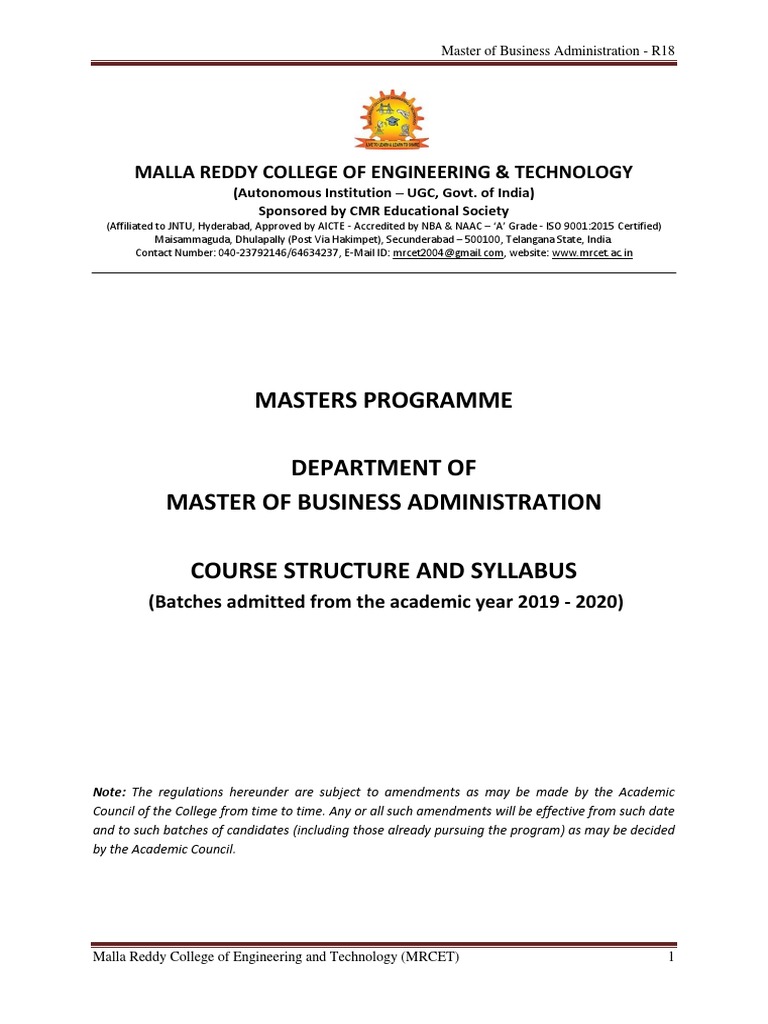 MBA - MRCET - R18 Course Structure and Syllabus | PDF | Human Resource ...