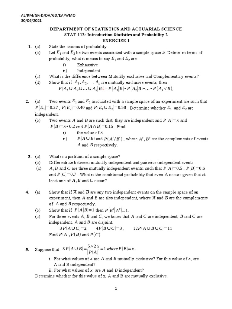 Department of Statistics and Actuarial Science STAT 112: Introduction ...