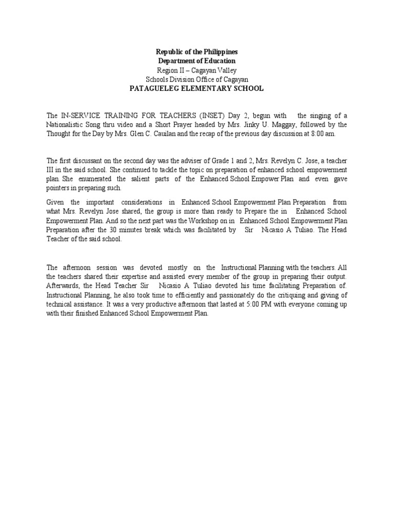 Narrative Report Inset Day 2 | PDF | Teaching | Education Theory