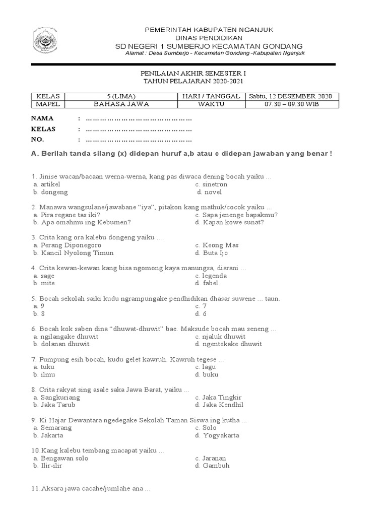 Pas Kelas 5 Bahasa Jawa | PDF