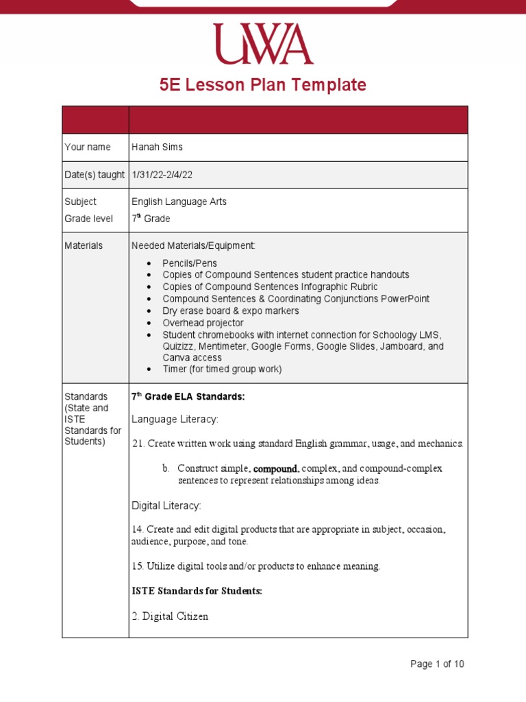 7th Grade ELA Compound Sentences Plan | PDF | Rubric (Academic) | Learning