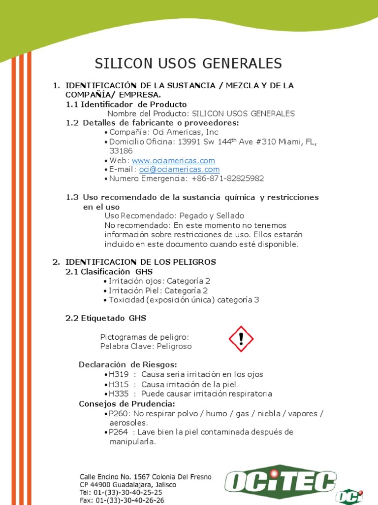 Hoja de Seguridad Silicon Usos Generales | PDF | Agua | Residuos