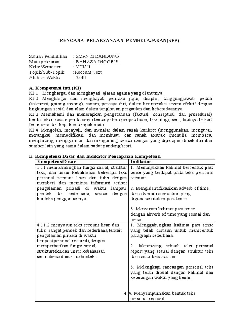 RPP Pembelajaran Recount Text SMP | PDF | Kajian Bahasa Asing
