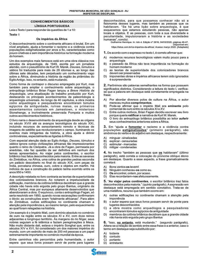 Prova - Banca Selecon - 2021 - Nivel Medio | PDF | África | Europa