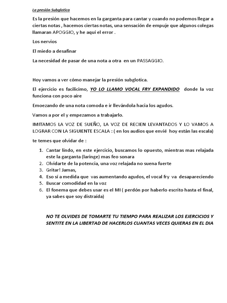 Ejercicios De Vocal Fry Y Presión Subglótica Pdf