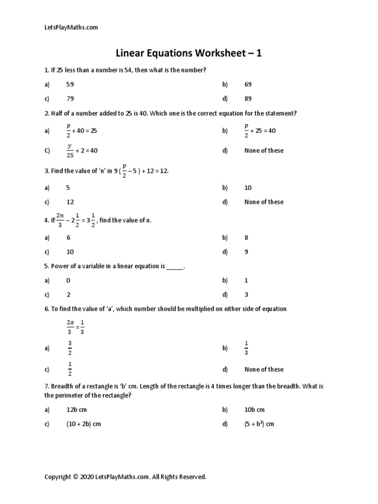 Class 6 Linear Equations Worksheet 1 | PDF | Equations | Elementary ...