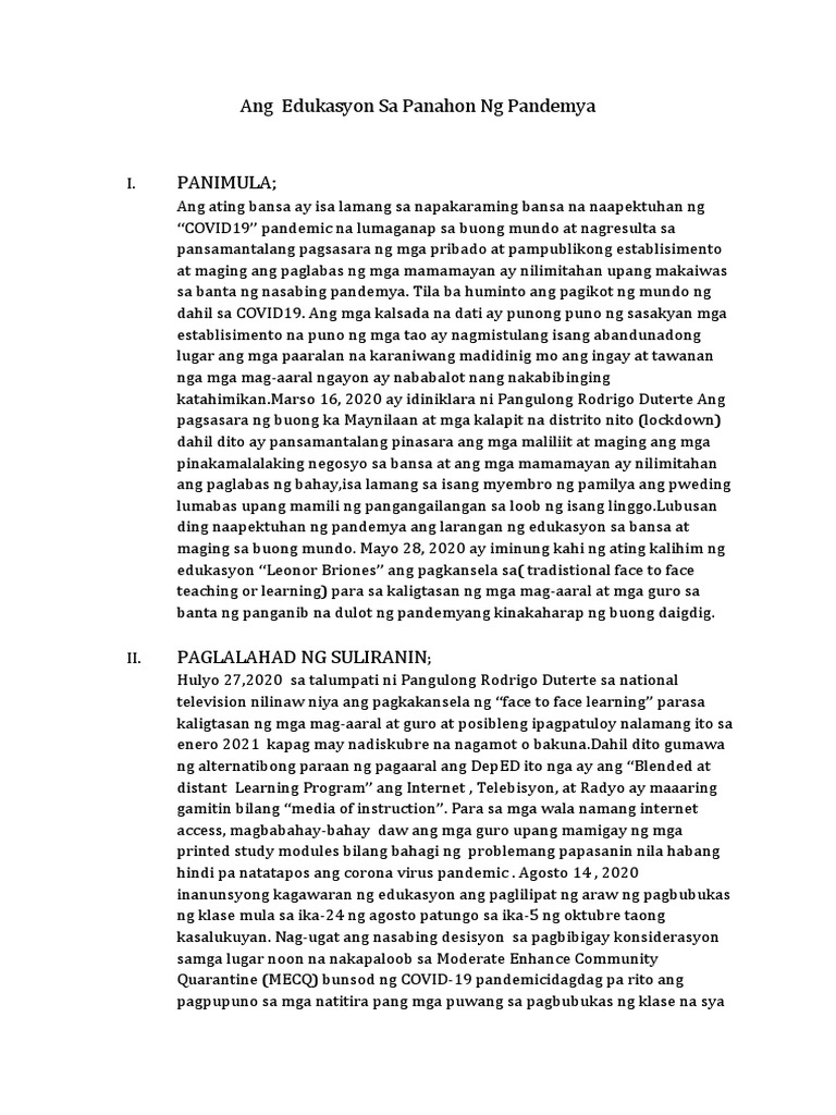 Ang Edukasyon Sa Panahon NG Pandemya Itutuloy | PDF