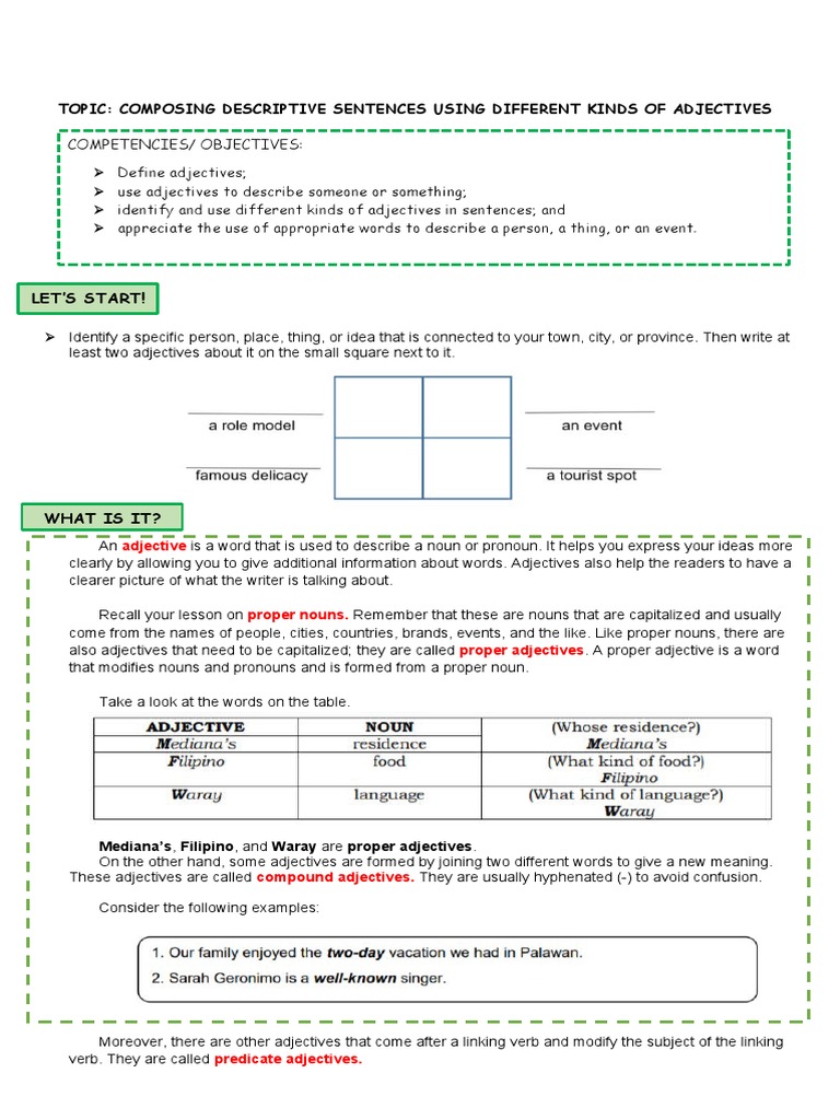Descriptive Sentences with Adjectives | PDF | Adjective | Verb