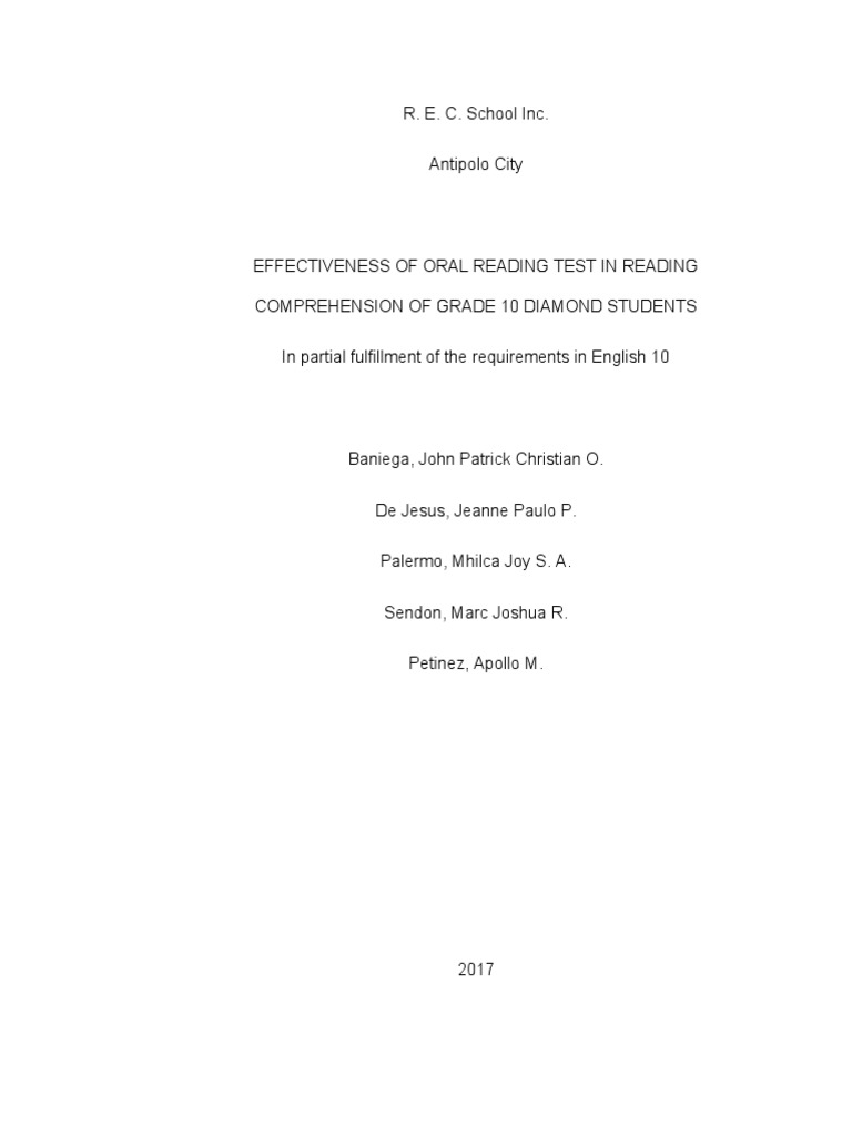 Effectiveness of Oral Reading Test in Reading Comprehension of Grade 10 ...