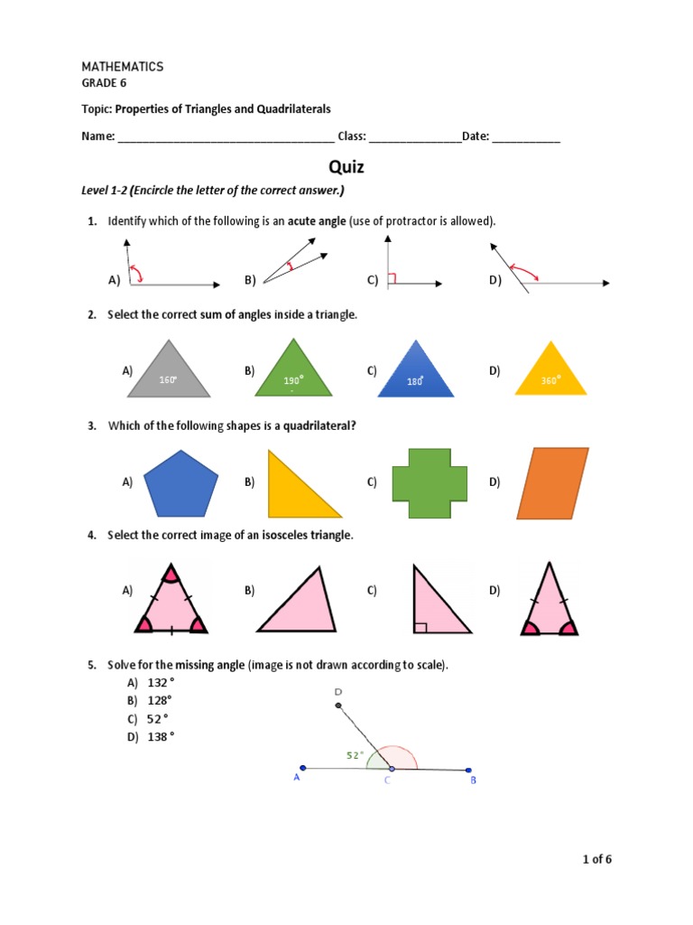 Grade 6 Quiz Triangles and Quadrilaterals | PDF | Triangle | Elementary ...