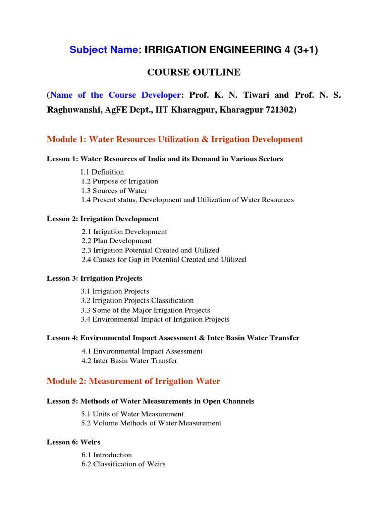 Course Outline - Irrigation Engineering | PDF | Irrigation ...