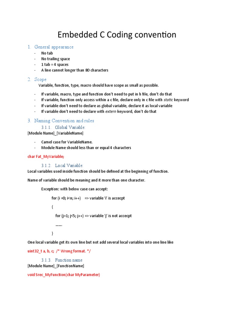 Embedded C Coding Convention: 1. General Appearance | PDF | Scope (Computer Science) | Subroutine
