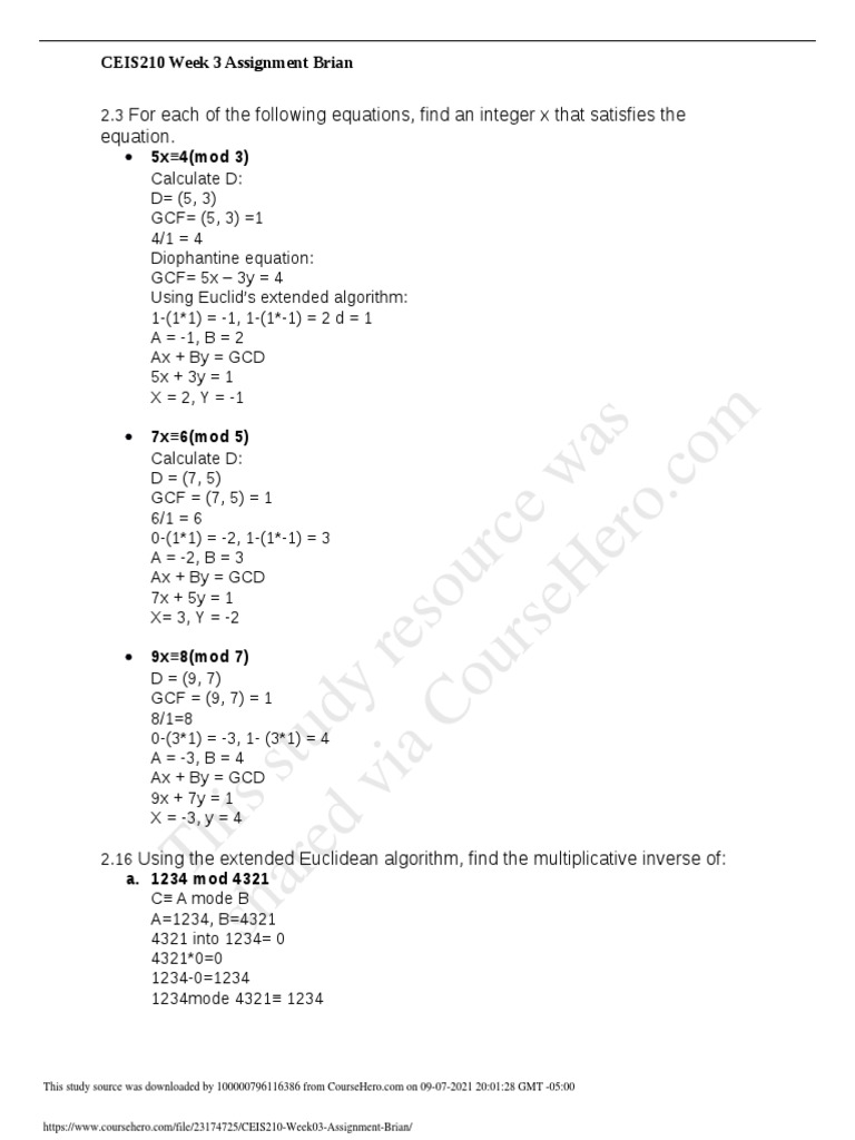 This Study Resource Was: For Each of The Following Equations, Find An Integer X That Satisfies ...