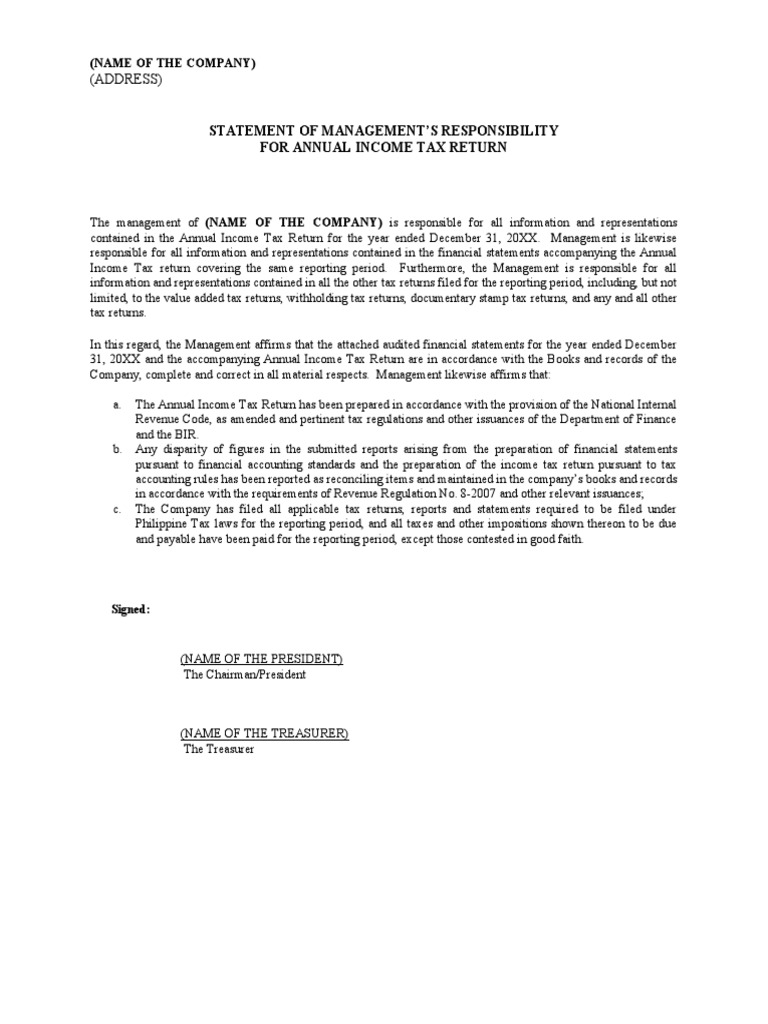 Statement of Management Responsibility | PDF | Going Concern | Audit