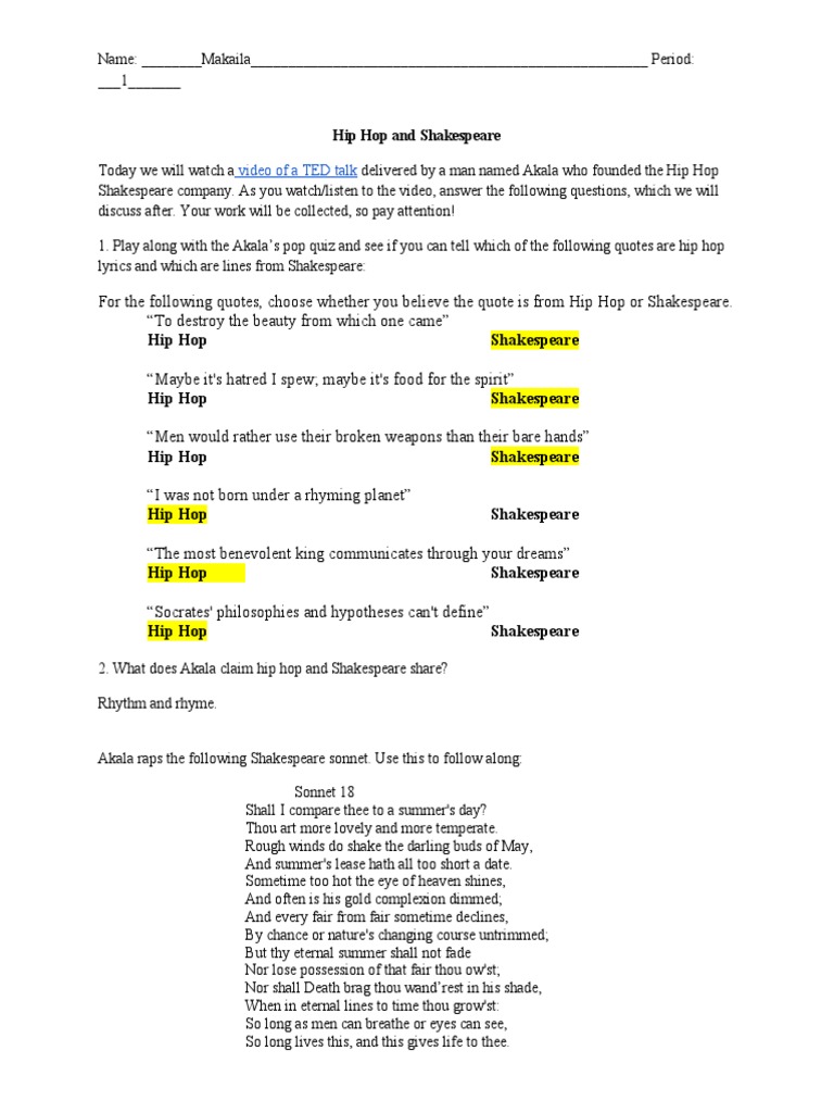 TED Talk Akala Shakespeare Worksheet | PDF | Hip Hop Music | Hip Hop