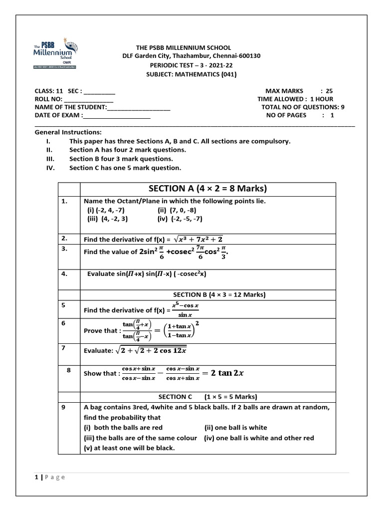 Class 11 Maths PT3 Question Paper | PDF | Mathematics