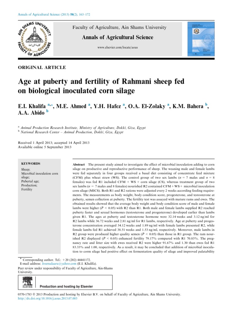 Age at Puberty and Fertility of Rahmani Sheep Fed On Biological ...