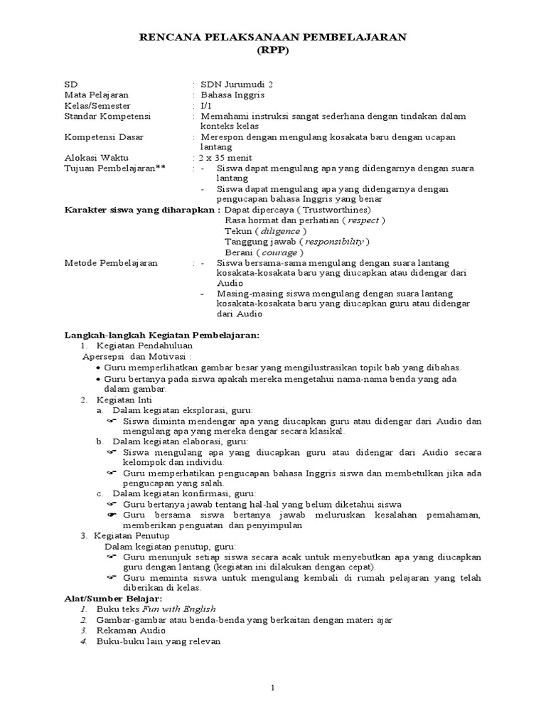 RPP Bahasa Inggris SD Kelas I Sms 1 Ok | PDF