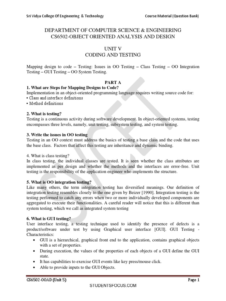 Ooad 5 Unit Reg 2017 Anna University 5th Sem Pdf Class Computer