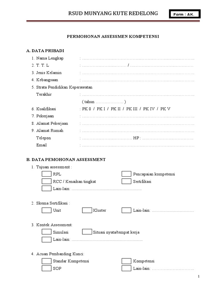 Form Ak.1 Permohonan Assesment Kompetensi | PDF