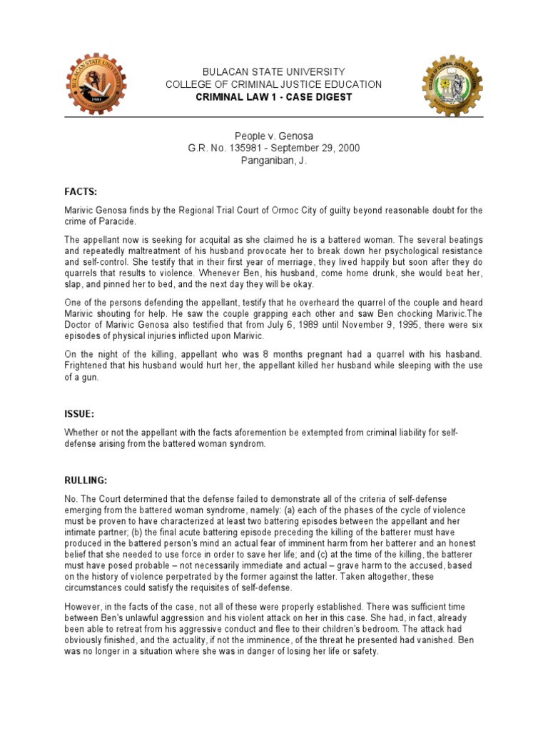 (Case Digest) People v. Genosa | PDF | Domestic Violence | Self Defense
