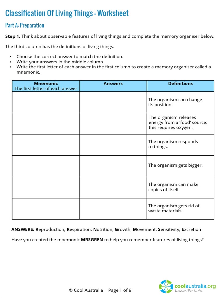 Classification of Living Things - Worksheet: Part A: Preparation | PDF ...