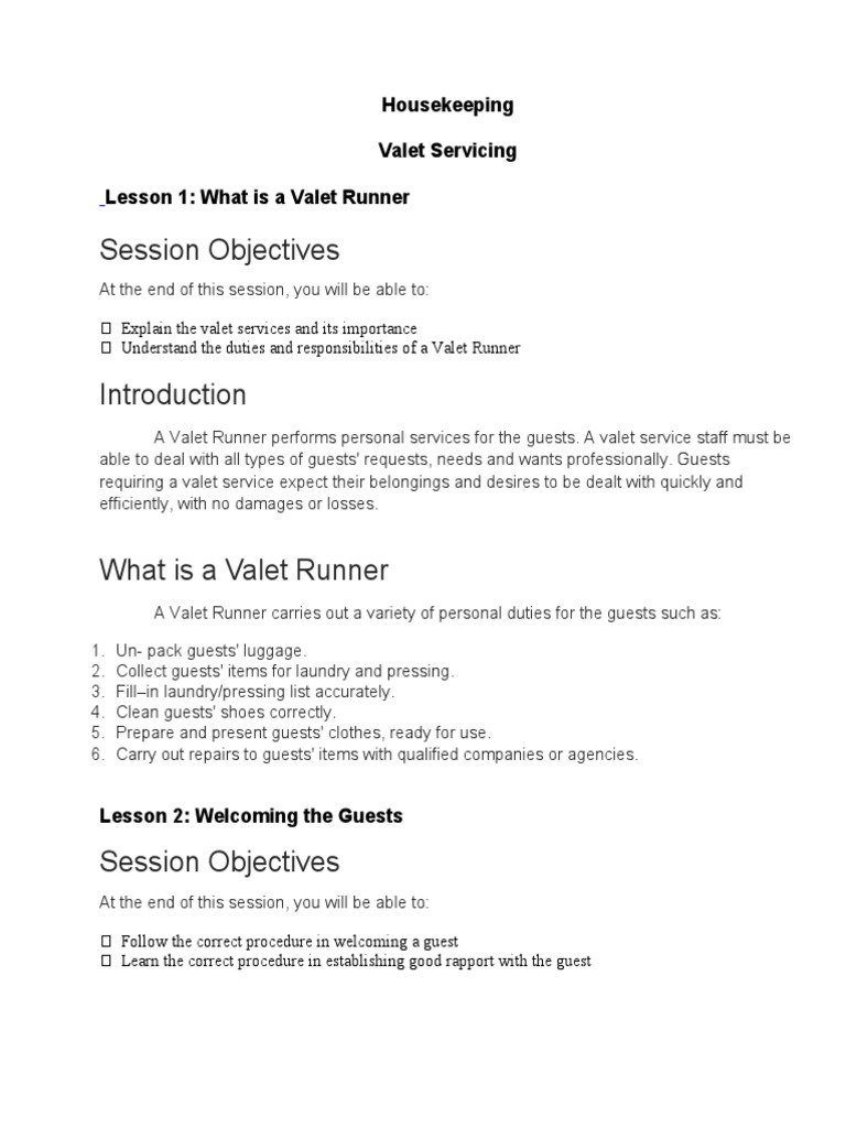 Session Objectives: Housekeeping Valet Servicing Lesson 1: What Is A ...