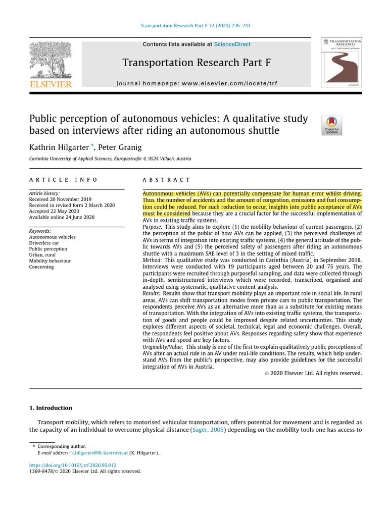 Public Perceptions of Autonomous Vehicles: A Qualitative Study Exploring Attitudes After Riding ...