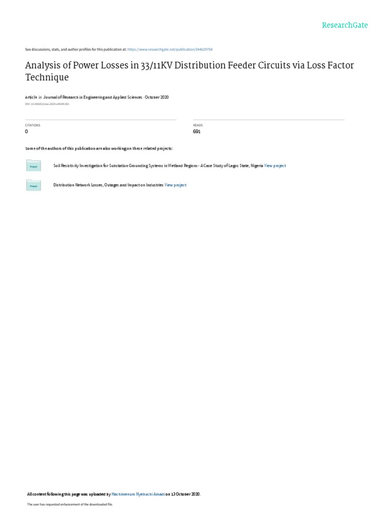Analysis Of Power Losses In 33 11kv Distribution Feeder Circuits Via Loss Factor Technique Pdf