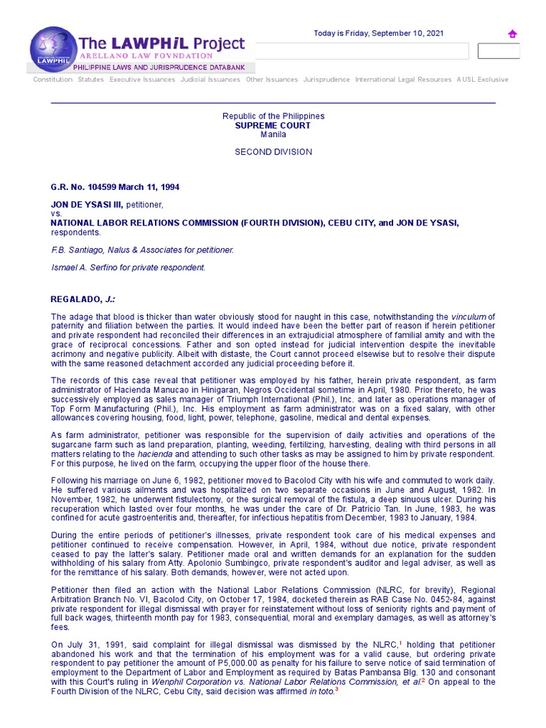 2.de Ysasi III v. NLRC, G.R. No. 104599, March 11, 1994 | PDF | Employment | Damages