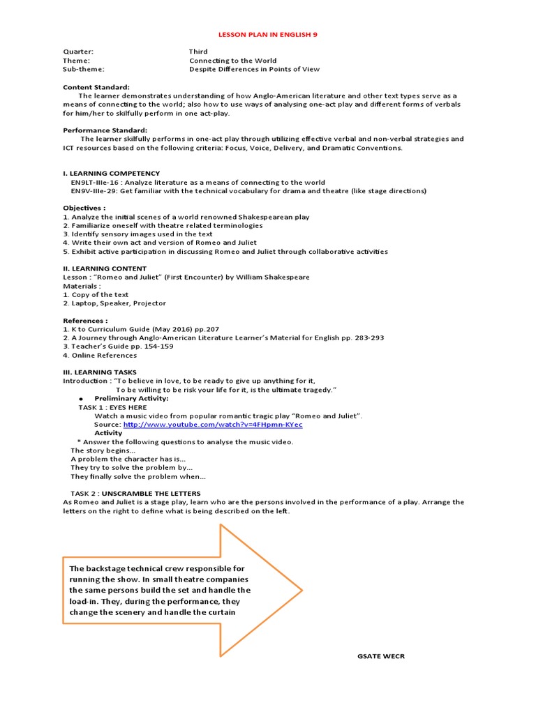 Content Standard:: Lesson Plan in English 9 | PDF | Characters In Romeo ...
