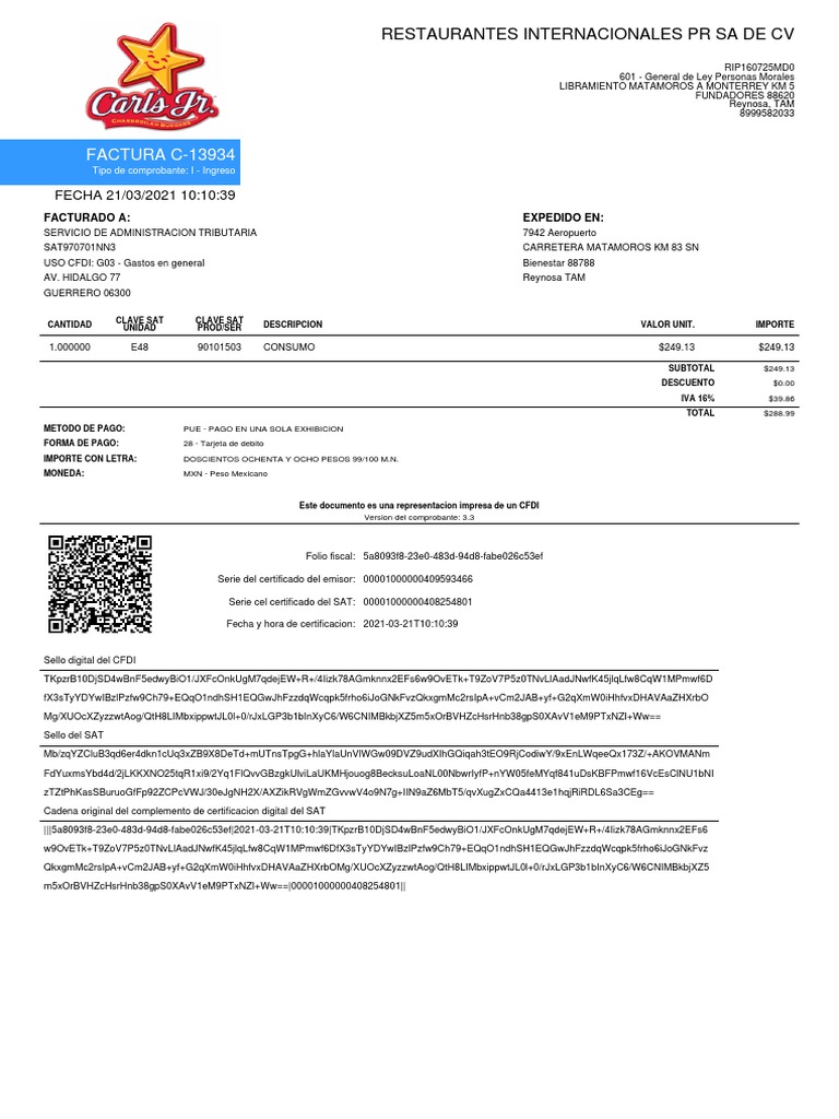 Factura de consumo para Servicio de Administración Tributaria por $288. ...