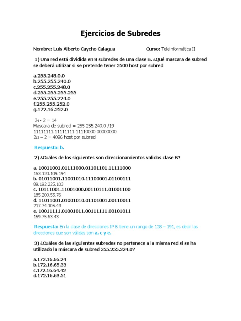 Ejercicios de Subredes | PDF | Dirección IP | Yo Pv6