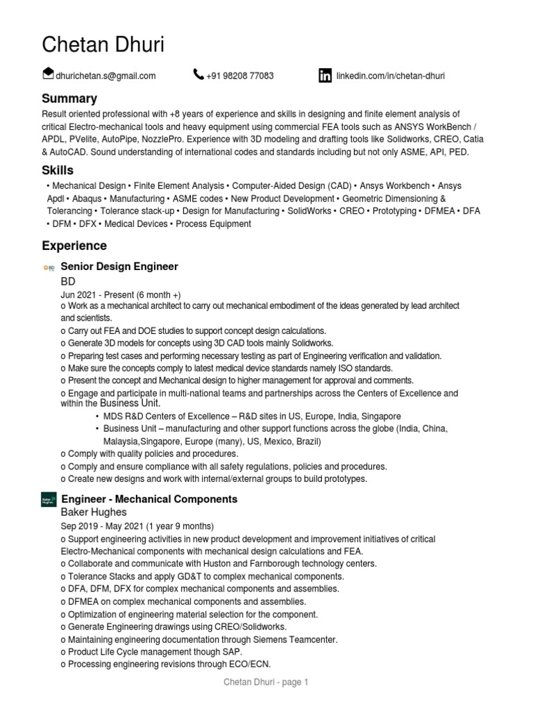 Resume-Chetan-Dhuri-Mechanical Design FEA | PDF | Finite Element Method ...