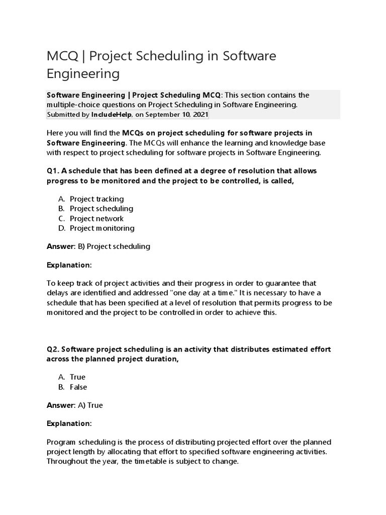 MCQ - Project Scheduling in Software Engineering: Submitted by ...