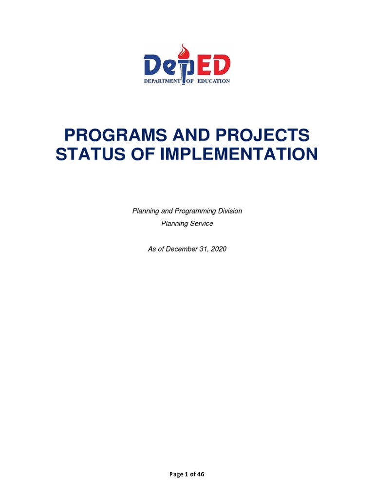 Programs and Projects Status of Implementation: Planning and ...