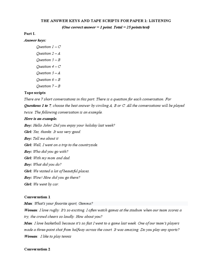 The Answer Keys and Tape Scripts For Paper 1: Listening | PDF | Vocabulary