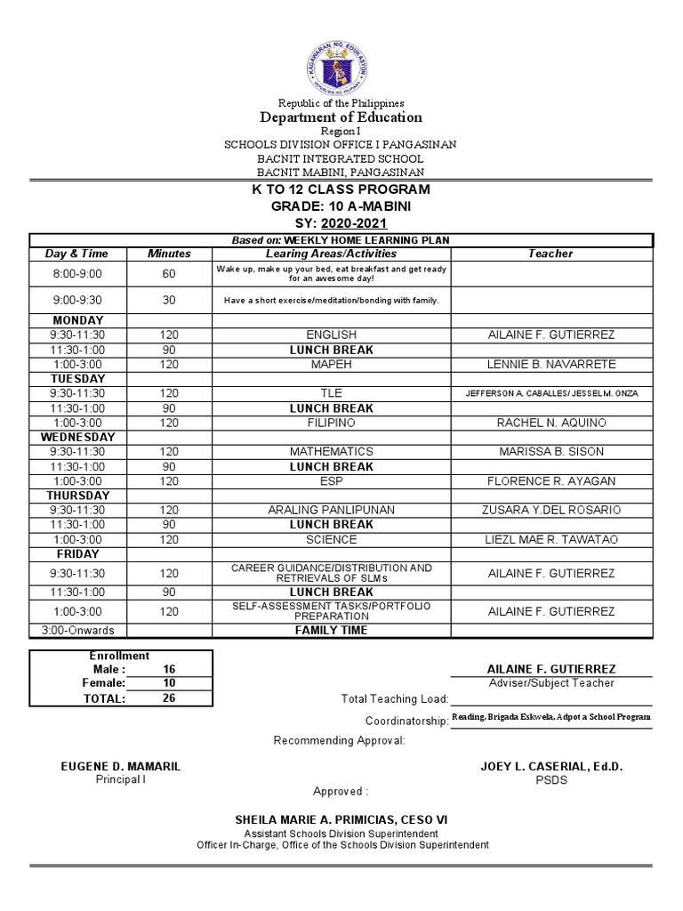 Department Of Education K To 12 Class Program Grade 10 A Mabini Sy