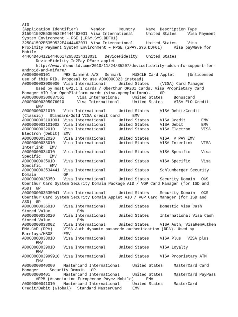 Aid List | PDF | Emv | Debit Card