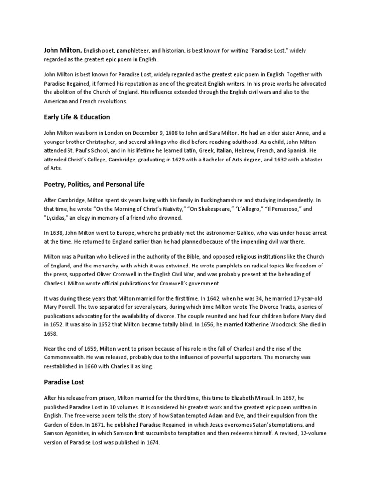 Biography of John Milton. | PDF | John Milton | Paradise Lost