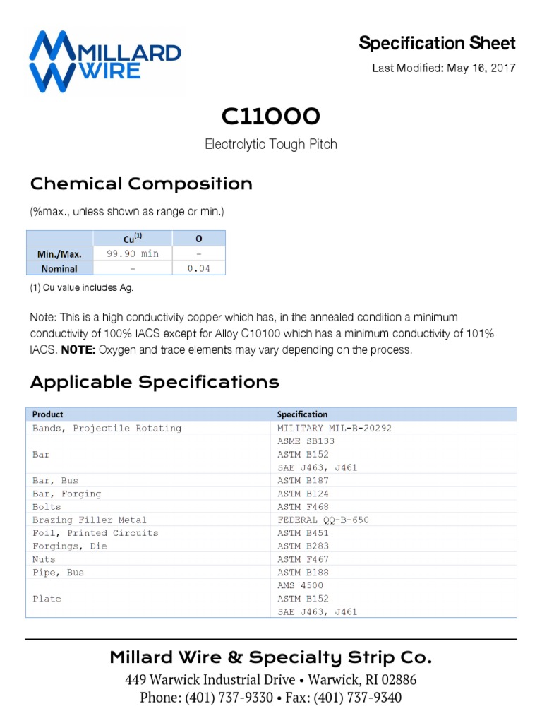 Specification Sheet for C11000 Electrolytic Tough Pitch Copper Alloy ...