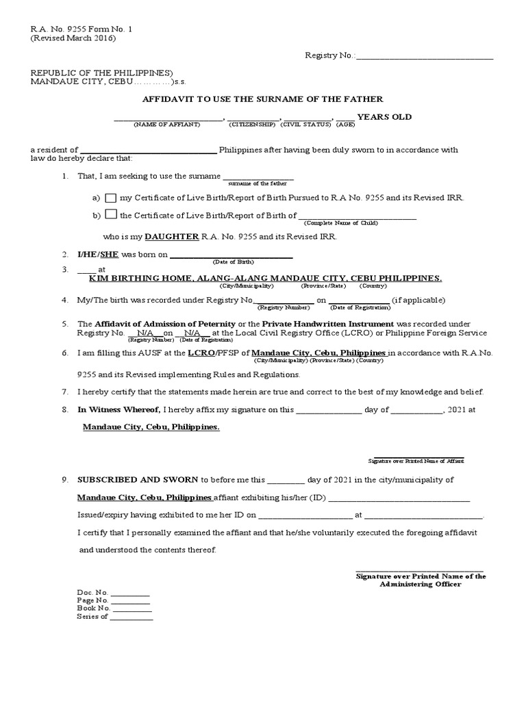 Affidavit to Use Father's Surname | PDF | Affidavit | Social Institutions