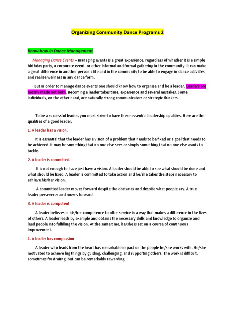 Organizing Community Dance Program 2 | PDF | Dances | Leadership